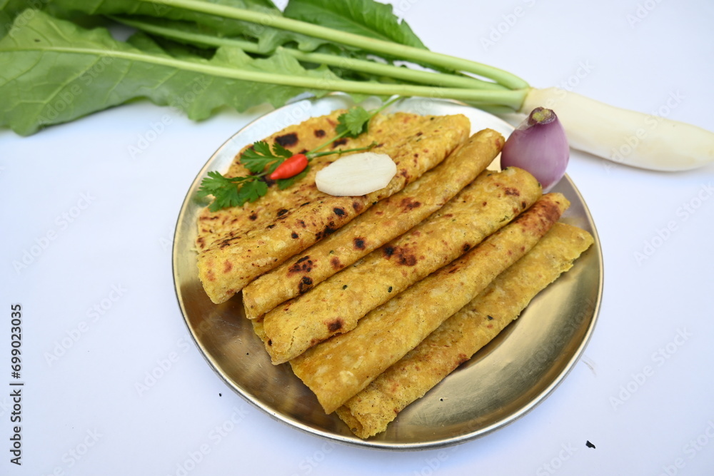 Mooli paratha or Radish flatbread. Healthy Indian Mooli paratha. Daikon ...