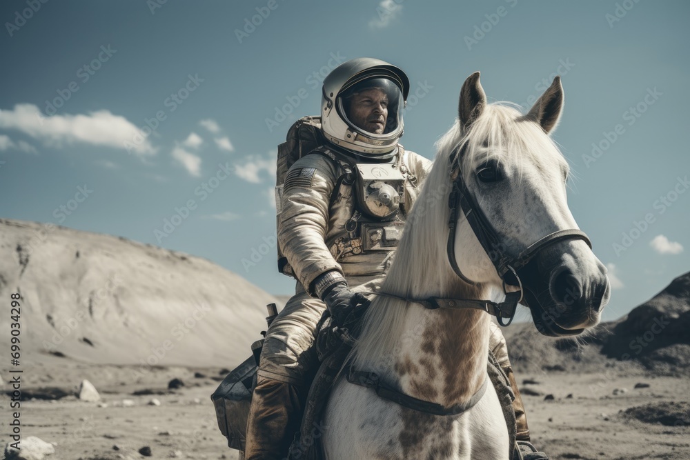 An astronaut in full space suit riding a white horse against the stark lunar landscape with ...