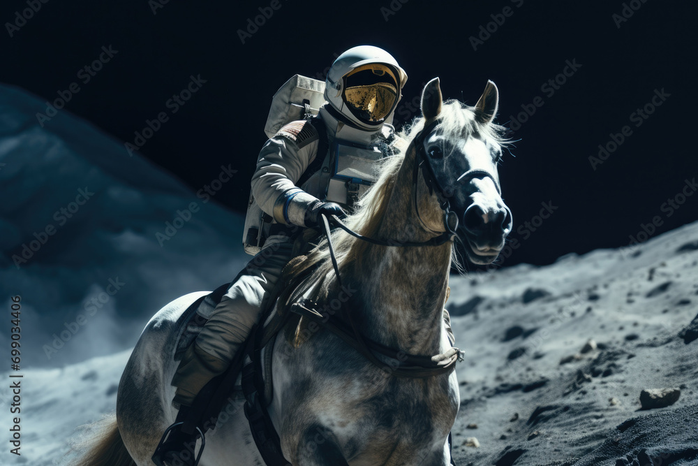 An astronaut in full space suit riding a white horse against the stark ...