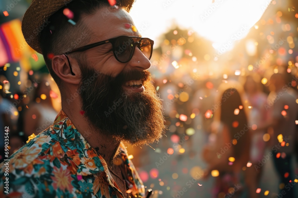 A jubilant man with a beard laughing amidst a shower of confetti while ...