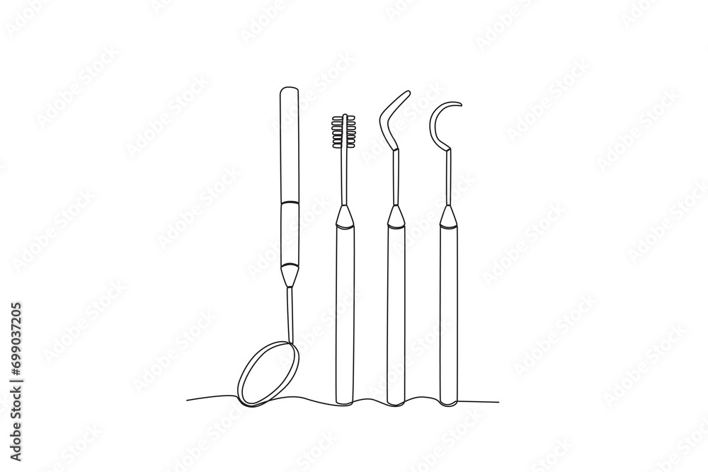 Single continuous line drawing of dentist tools. Equipment for doctor ...