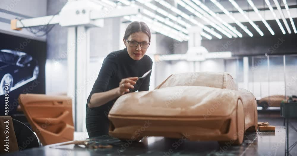 Portrait of a Female Automotive Designer Sculpting a 3D Clay Model of a ...