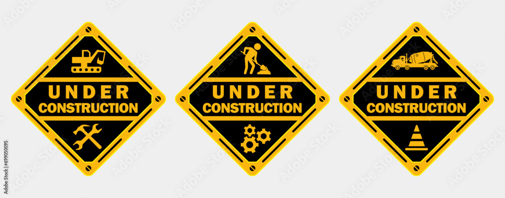 under construction warning sign set collection for working area ...