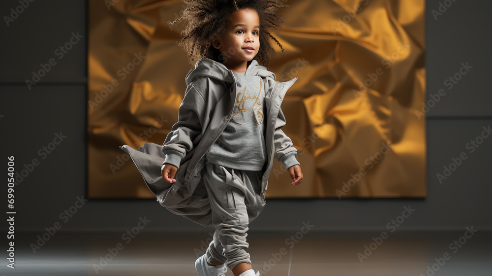 little break dancer showing his skills on grey background. Hip hop ...