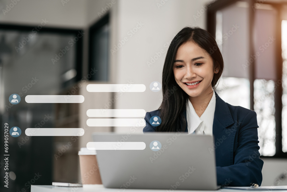 Woman online chatting with AI chat bot on laptop. Artificial ...