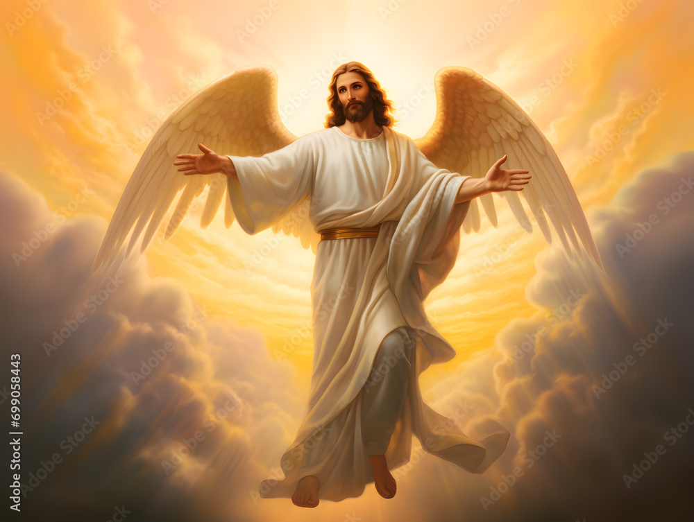 Resurrected Jesus Christ with wings ascending to heaven. God, Heaven ...