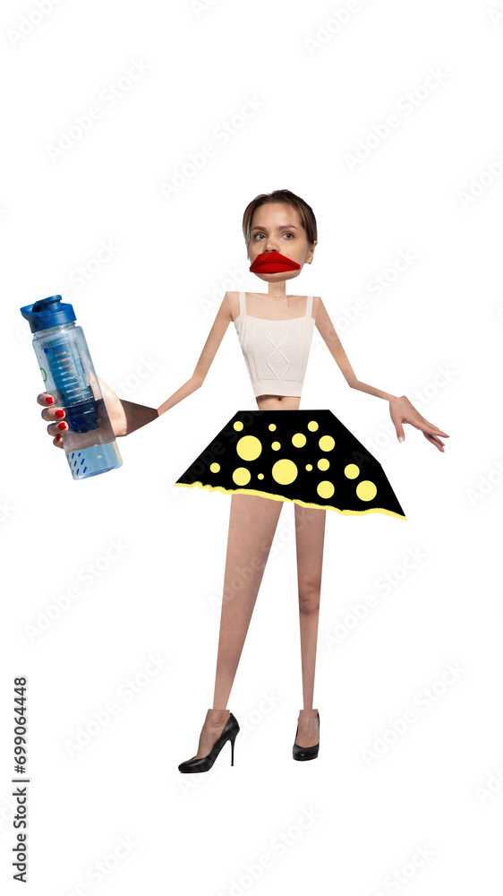 Woman with very slim figure holding bottle of water. Social pressures ...