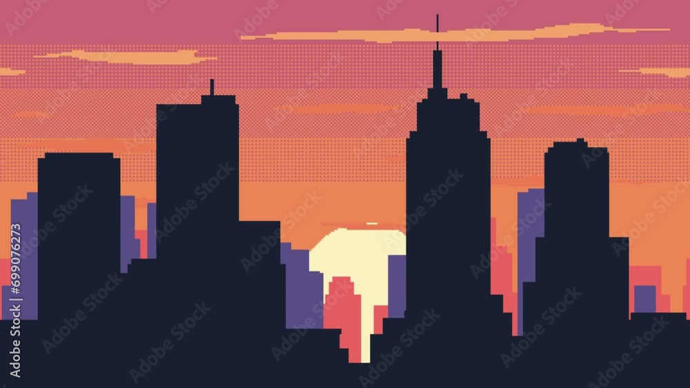 Animated pixel art design of cityscape with sunset and moving clouds ...