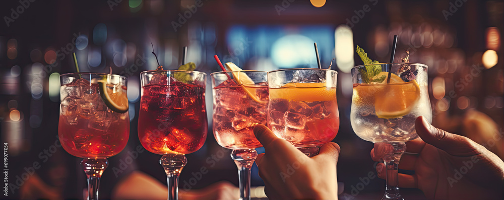 People hold cocktails in hands. Fruit drink in glasses. Stock Photo ...