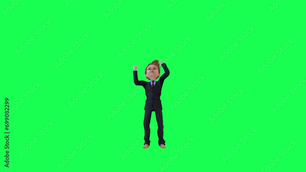 3d animated boy in formal suit cheering green screen front angle ...
