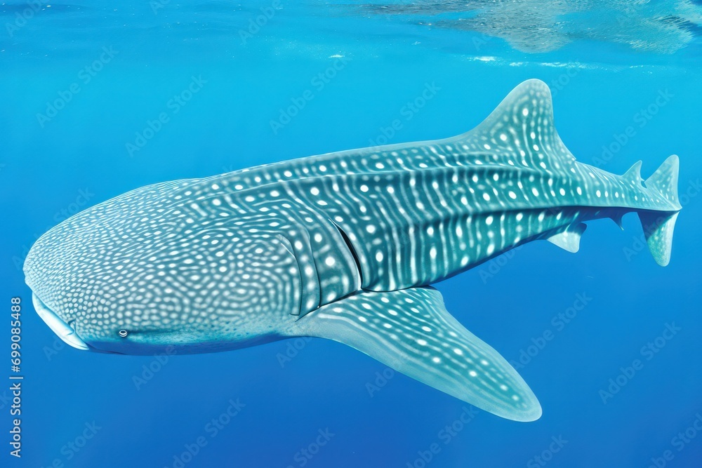 An image of a solitary whale shark swimming in open water, highlighting ...