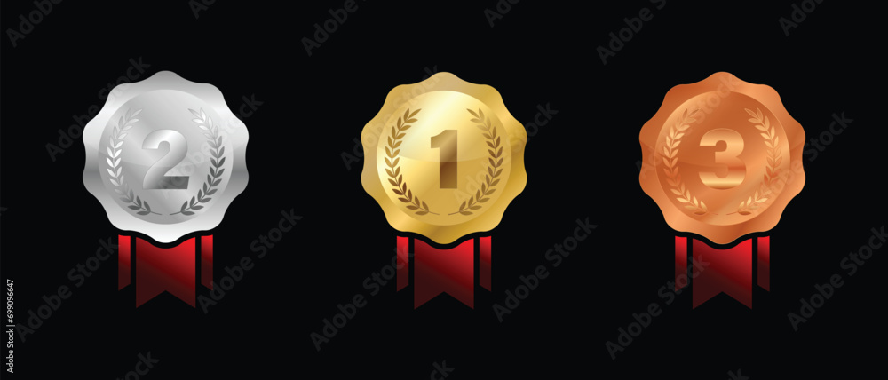Gold, silver and bronze badge icon set, Reward badges for winners ...