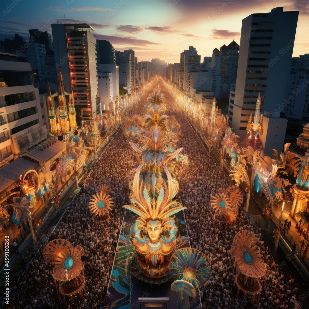 Popular, traditional carnival. Aerial view on the long decorated street ...