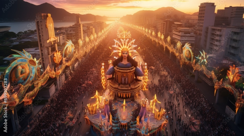 Popular, traditional carnival. Aerial view on the long decorated street ...