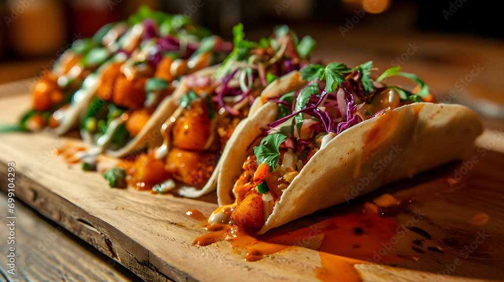 Mexican street food, poke tacos, incorporating vegetables, salad ...