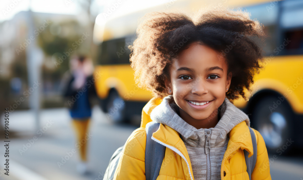 Smiling Elementary Student Girl Excitedly Awaits School Bus - Ready for ...
