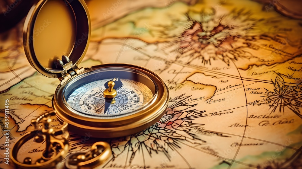 Vintage Old Compass on Antique Map, Retro Navigation and Exploration ...