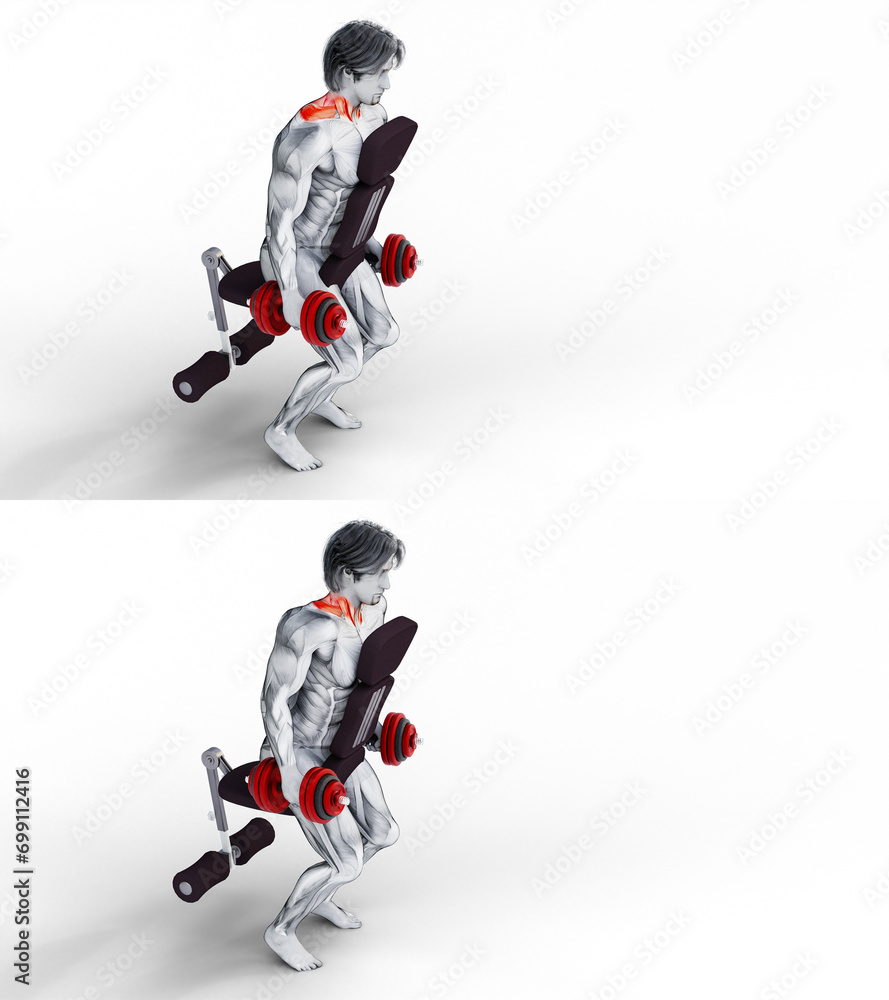 175 Dumbbell Decline Shrug. 3D Anatomy of fitness and bodybuilding. An ...