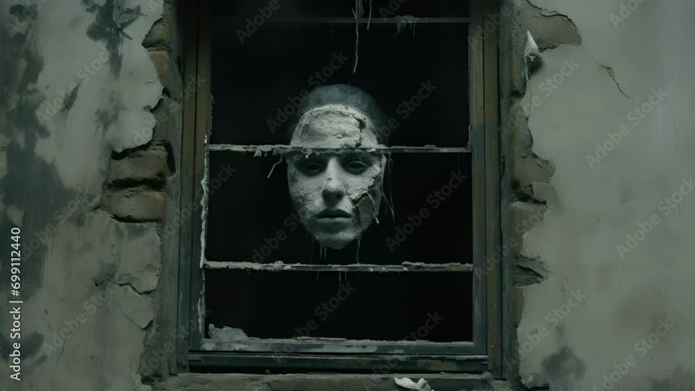 An eerie face appearing in the window of an abandoned castle. Stock ...