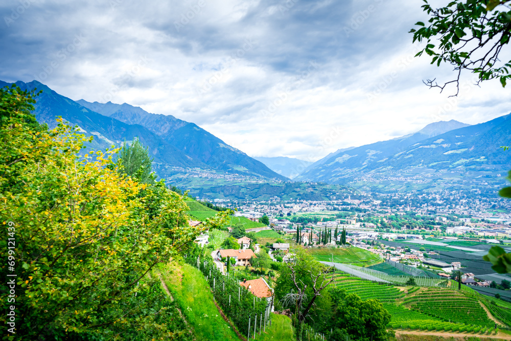 Hiking along the Marlinger Waalweg near Meran in South Tyrol Italy ...