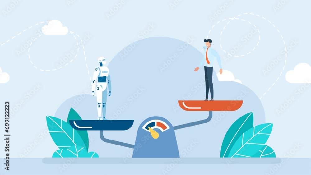 Robot stands on the scale and is heavier than the businessman. Human ...