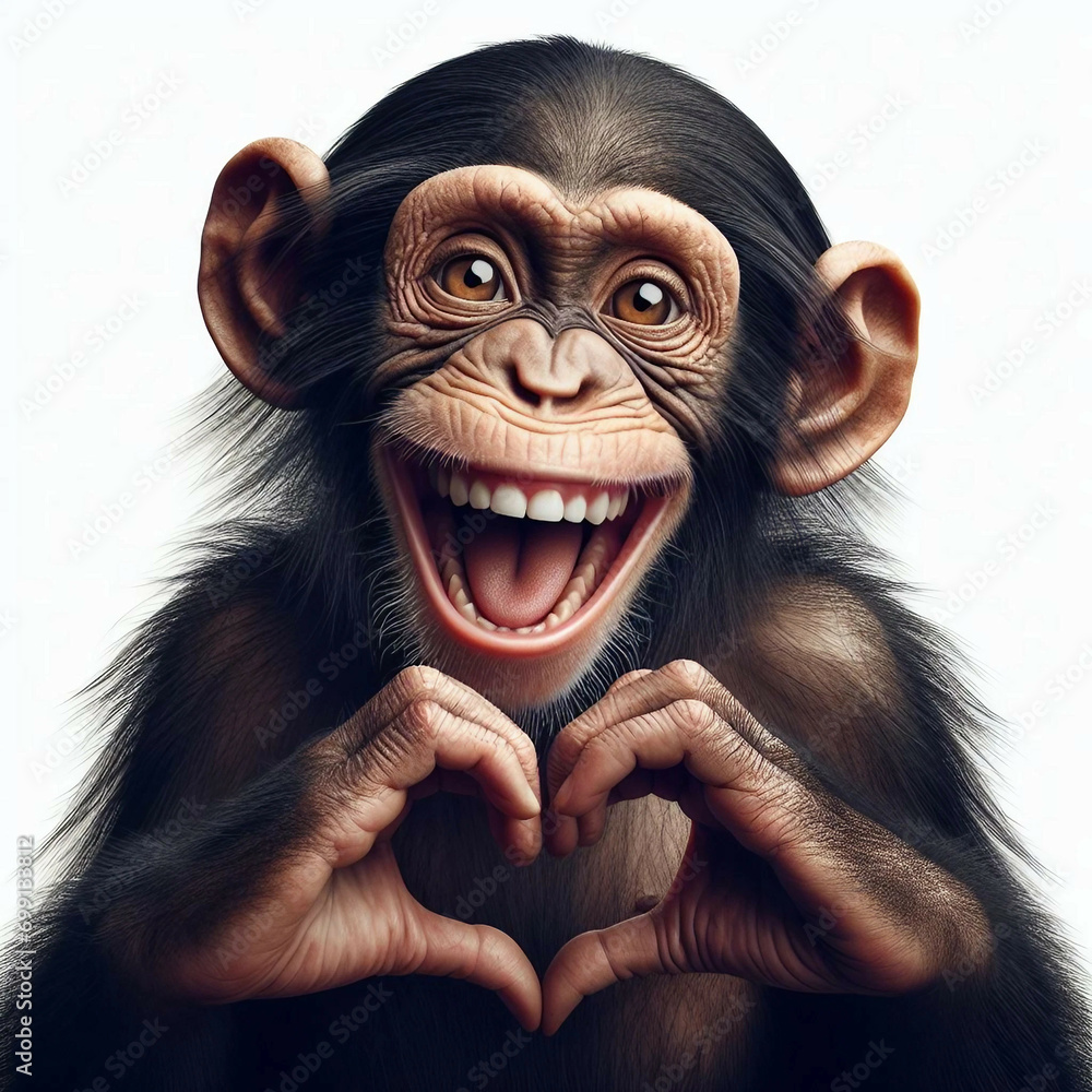 Happy laughing funny monkey portrait making heart hands. Chimpanzee with Hand fingers making ...