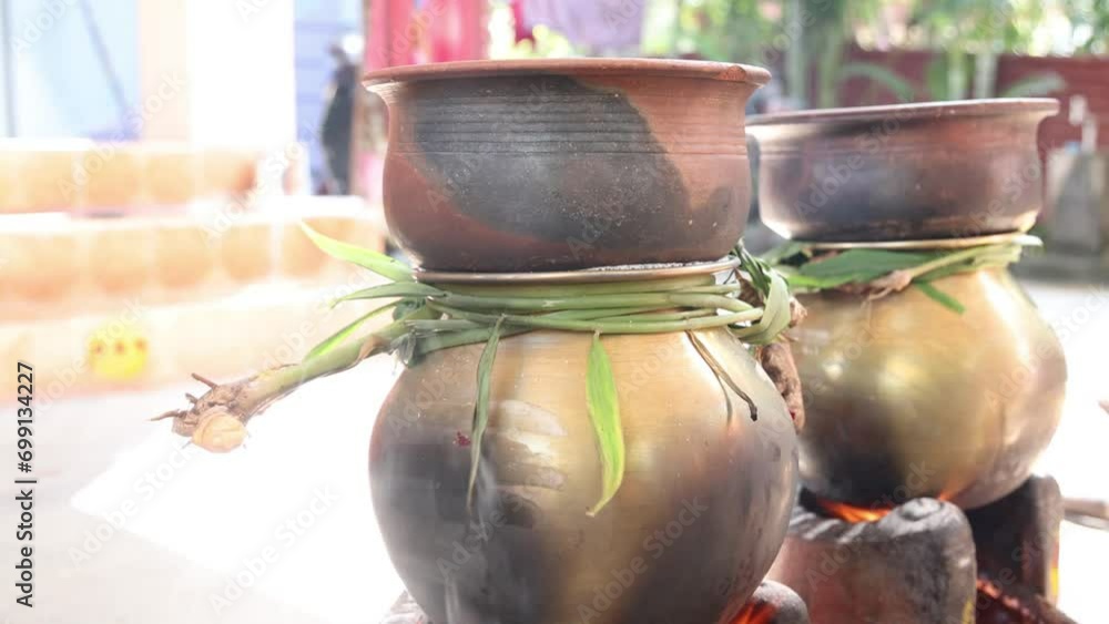 celebrating Traditional Thai Pongal festival to sun god with pot, lamp ...