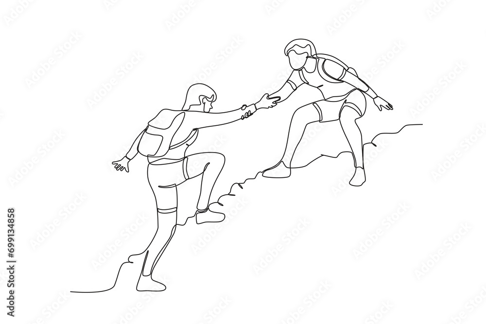 Continuous one line drawing of Two friends help each other while ...