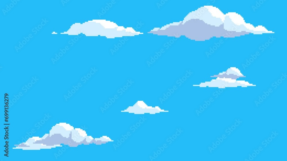 Pixel art clouds floating vertically on blue sky background. Seamless ... Pixel art clouds floating vertically on blue sky background. Seamless ...
