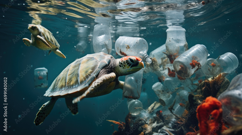 sea turtle in the ocean with garbage, plastic waste, Environmental ...