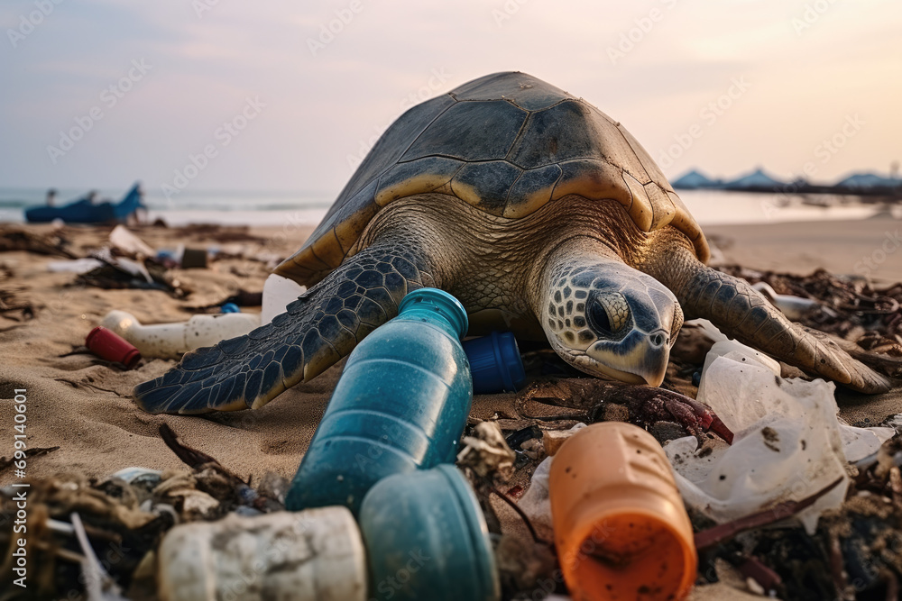 sea turtle on the beach with garbage, plastic waste, Environmental ...