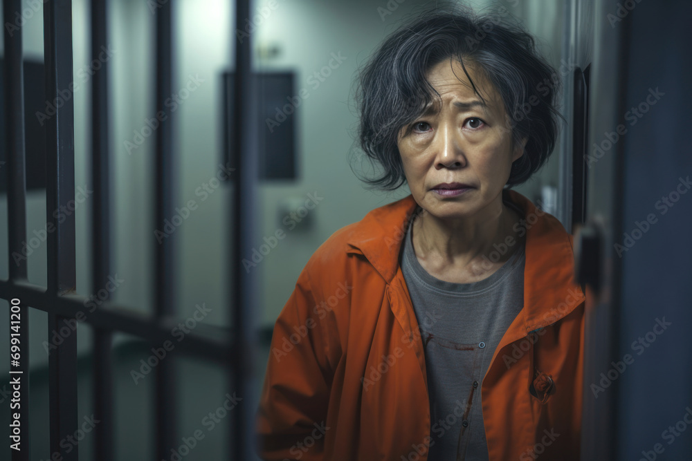 A middle-aged Asian woman in her 50s, with a frantic expression ...