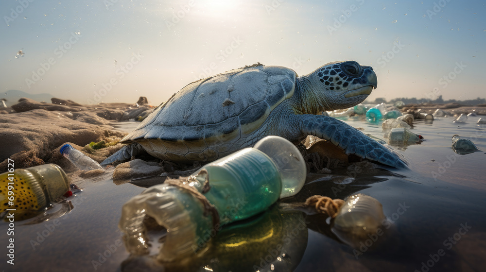 sea turtle on the beach with garbage, plastic waste, Environmental ...