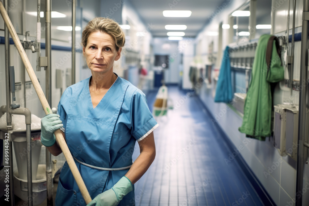 Cleaner, female, 52 years old, Caucasian, with a broom and cleaning ...