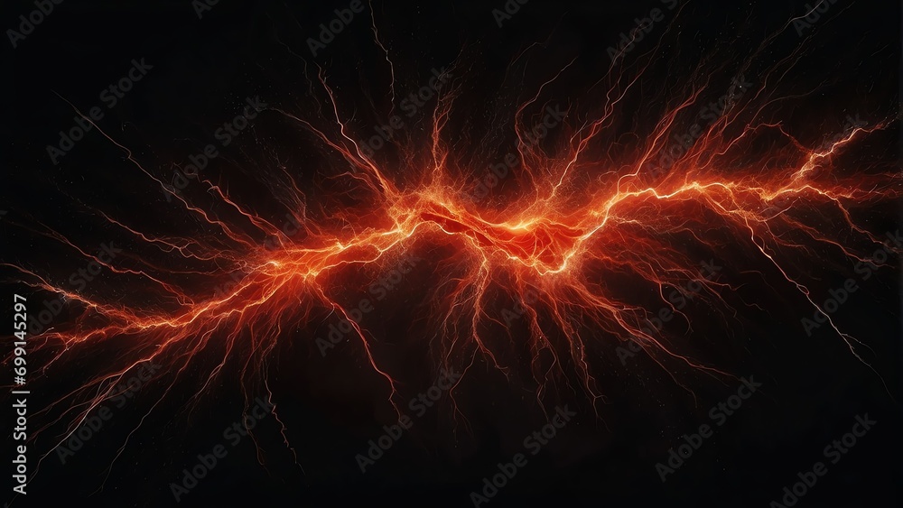 Red lightning sparks and ember particles on plain black background from ...