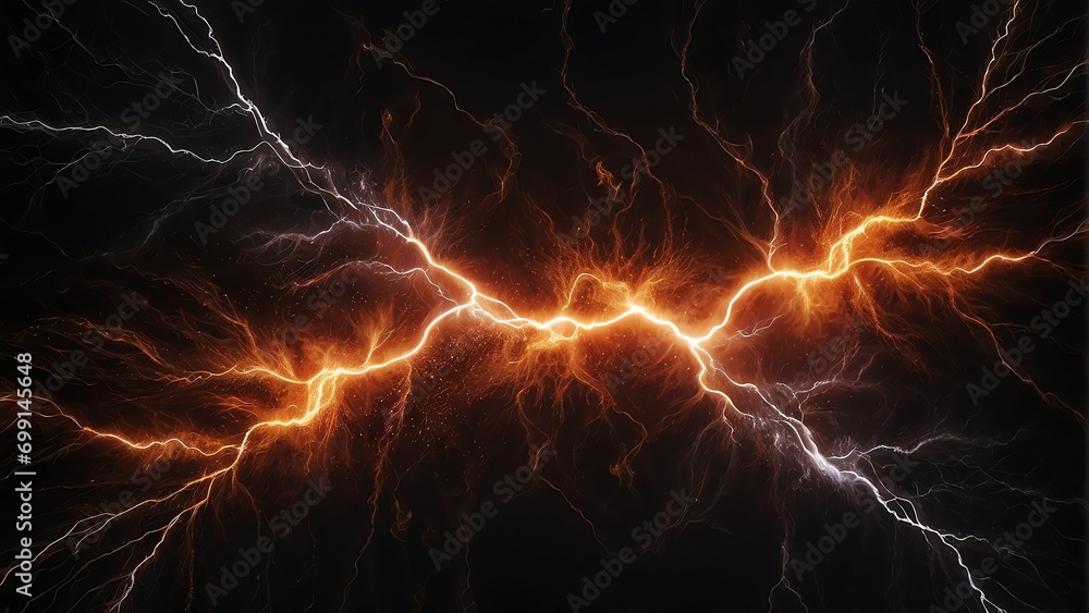 Colorful lightning sparks and ember particles on plain black background ...