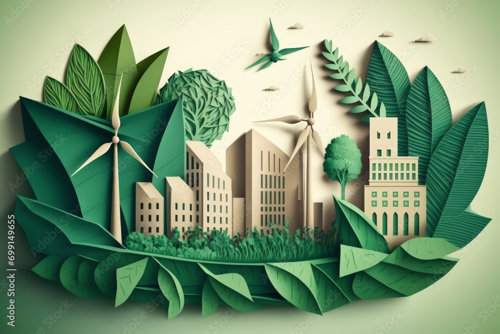 Concept of renewable energy. Image of a green leaf created in the paper ...