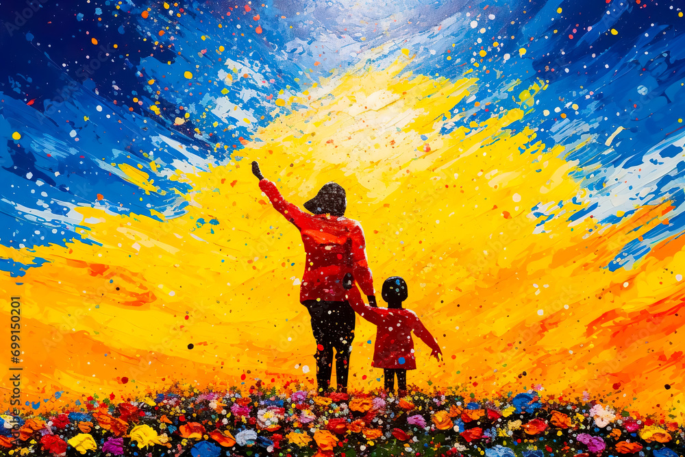 Abstract painting of kid,child at a magical dream world with colorful ...