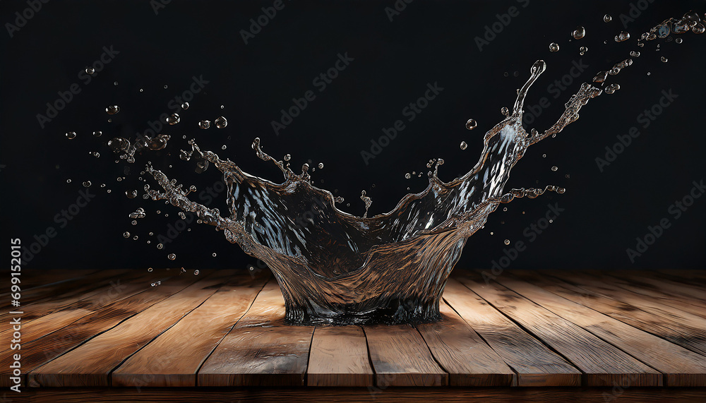 Water splash on wooden table with black background. 3d rendering Stock ...
