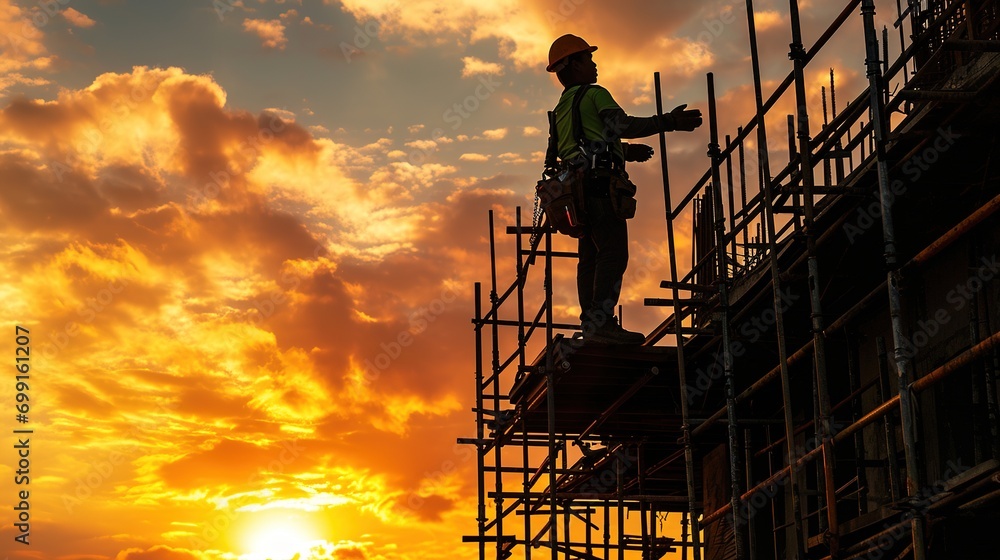 Construction worker wearing safety work at high uniform on scaffolding ...