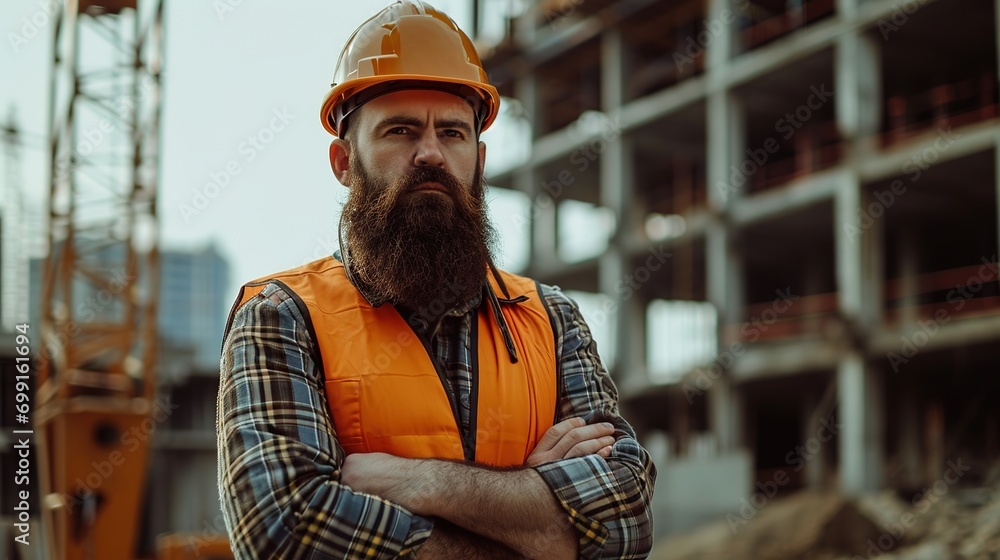 Cute bearded construction worker with safety helmet on head in vest standing with arms crossed ...