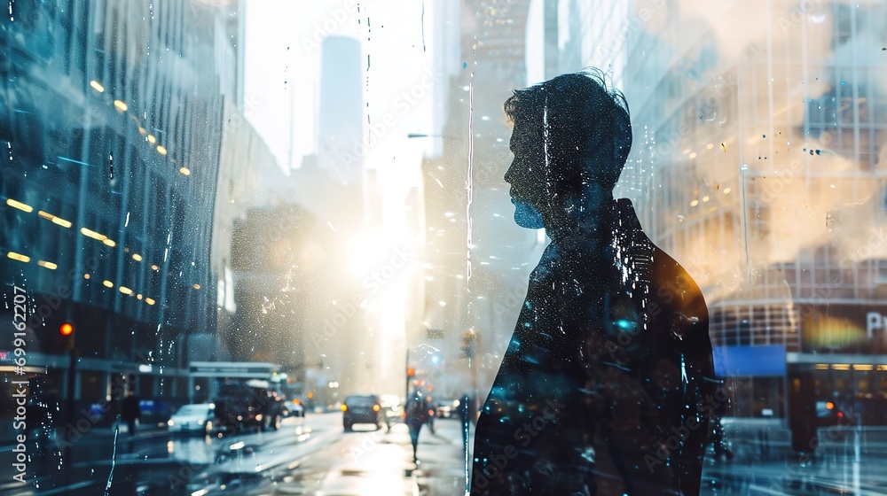 Double exposure image of the business man standing back during sunrise ...