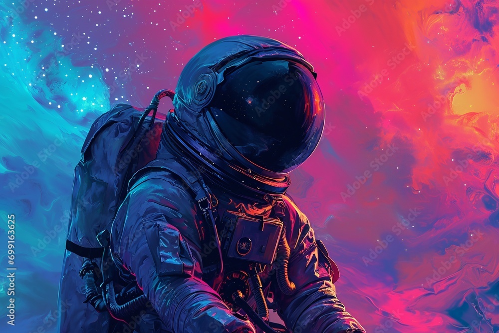 Cosmic Adventure: 80s Astronaut with Neon Galaxies Poster Stock ...