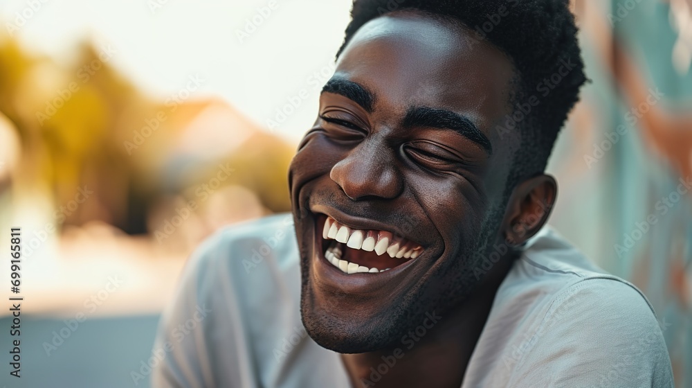 Handsome unshaven young dark-skinned male laughing out loud at funny ...