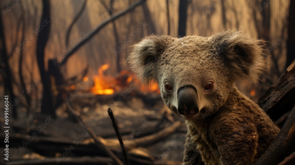 distressed koala in a bushfire-ravaged landscape, symbolizing wildfire ...