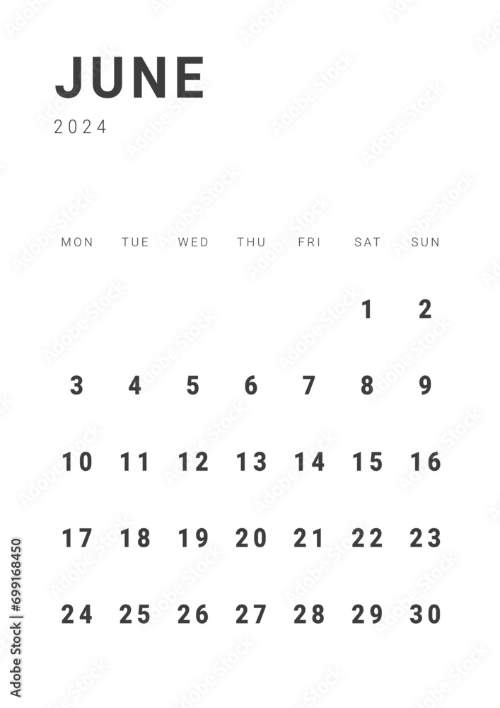 Monthly page Calendar Planner Templates of June 2024. Vector layout of ...