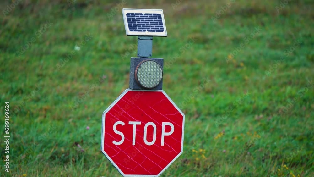 Stop sign on taxiway for jetliner and airplane. Front view from of ...