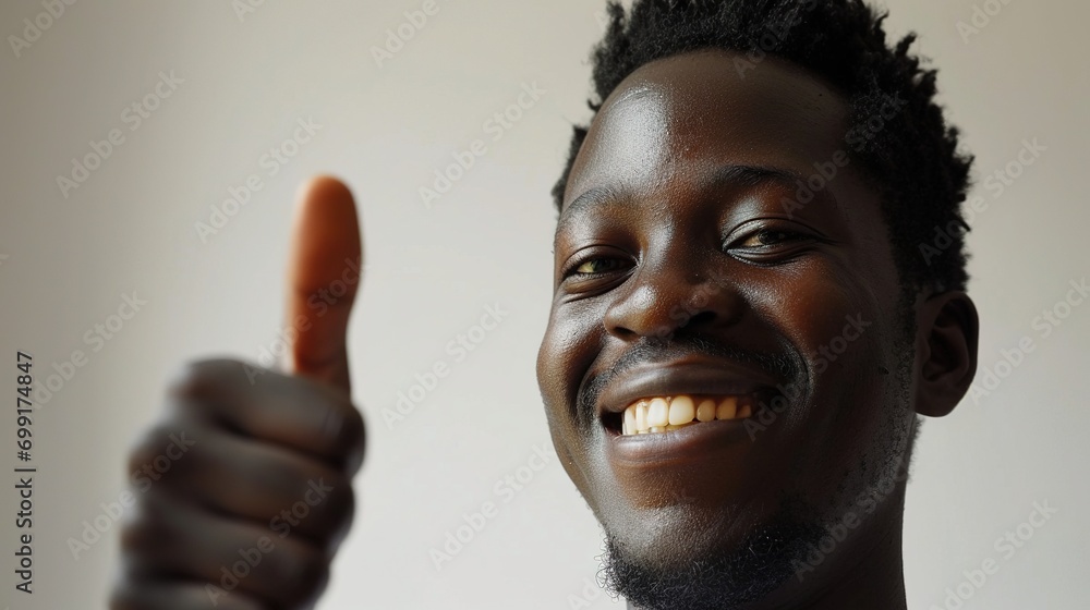 Portrait of pleased african american man smiling satisfied, say yes ...