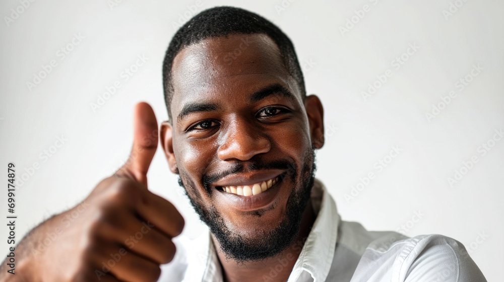 Portrait of pleased african american man smiling satisfied, say yes ...
