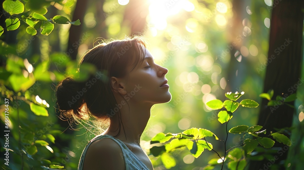 Profile of a relaxed woman breathing fresh air in a green forest with ...